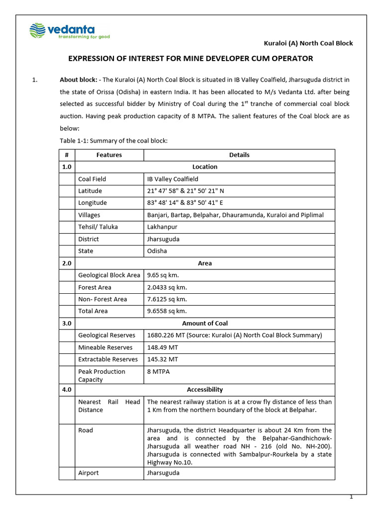 Kuraloi North Coal Block MDO EOI | PDF | Mining | Coal