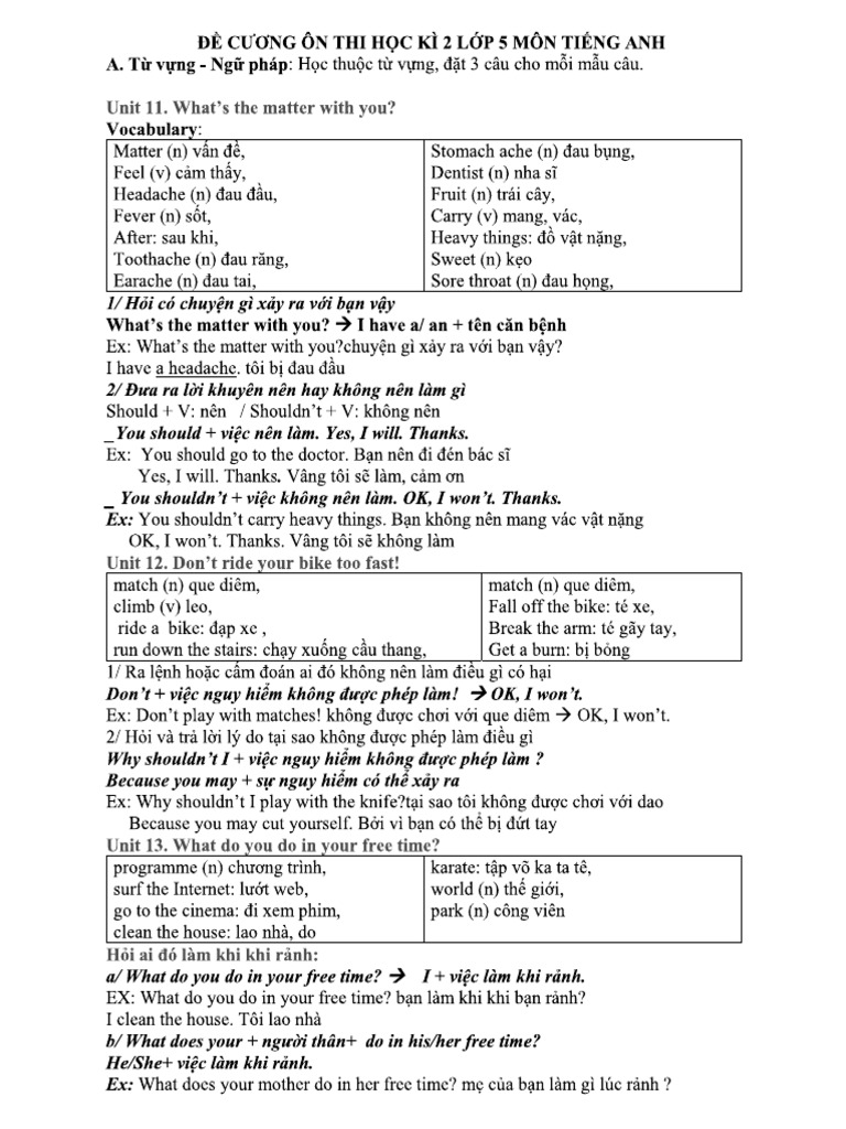TA5 de Cuong on Thi Hoc Ki 2 | PDF