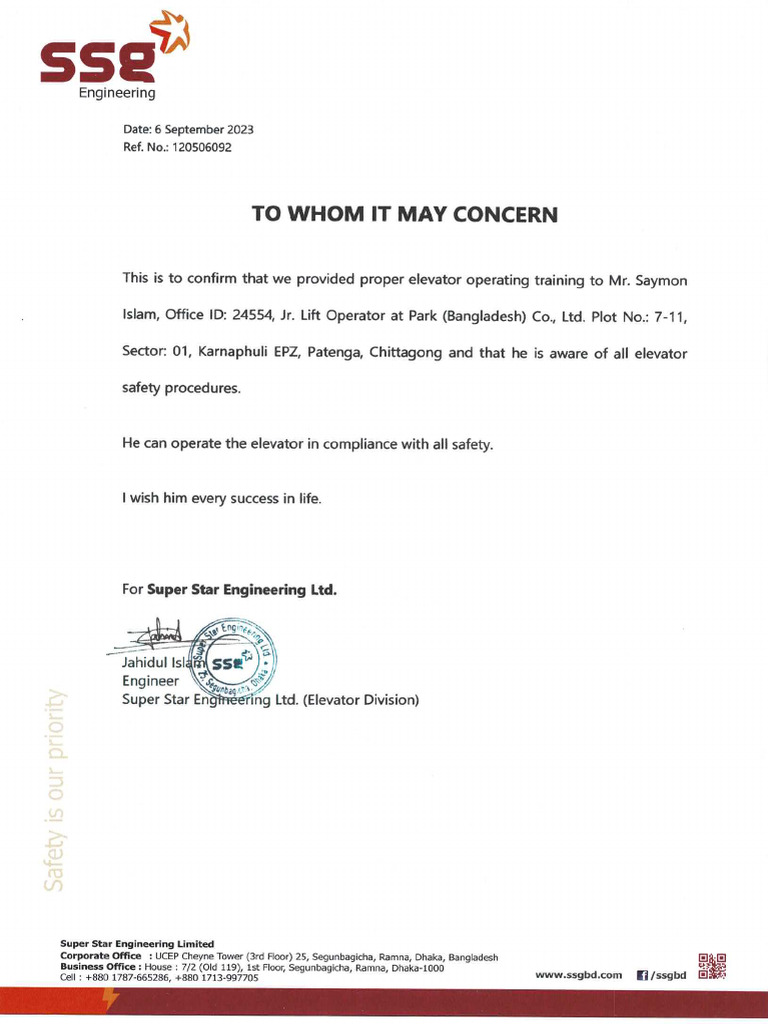 SSG-Lift Certificate | PDF