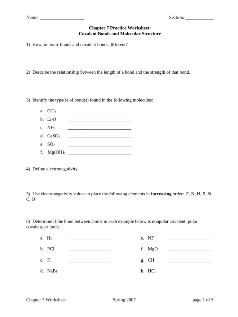 Ch 7 Practice Wkst_S07 | PDF | Chemical Bond | Chemical Polarity