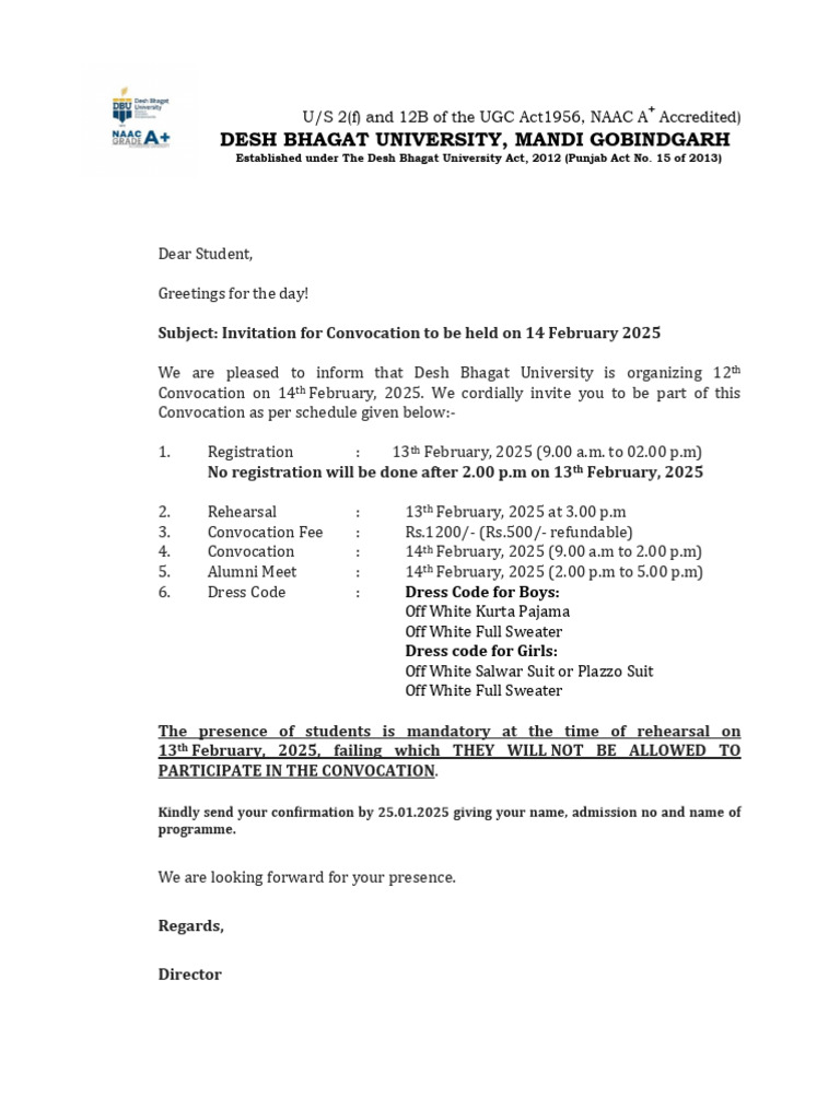 Invitation Letter For Convocation 2025 - Regular | PDF