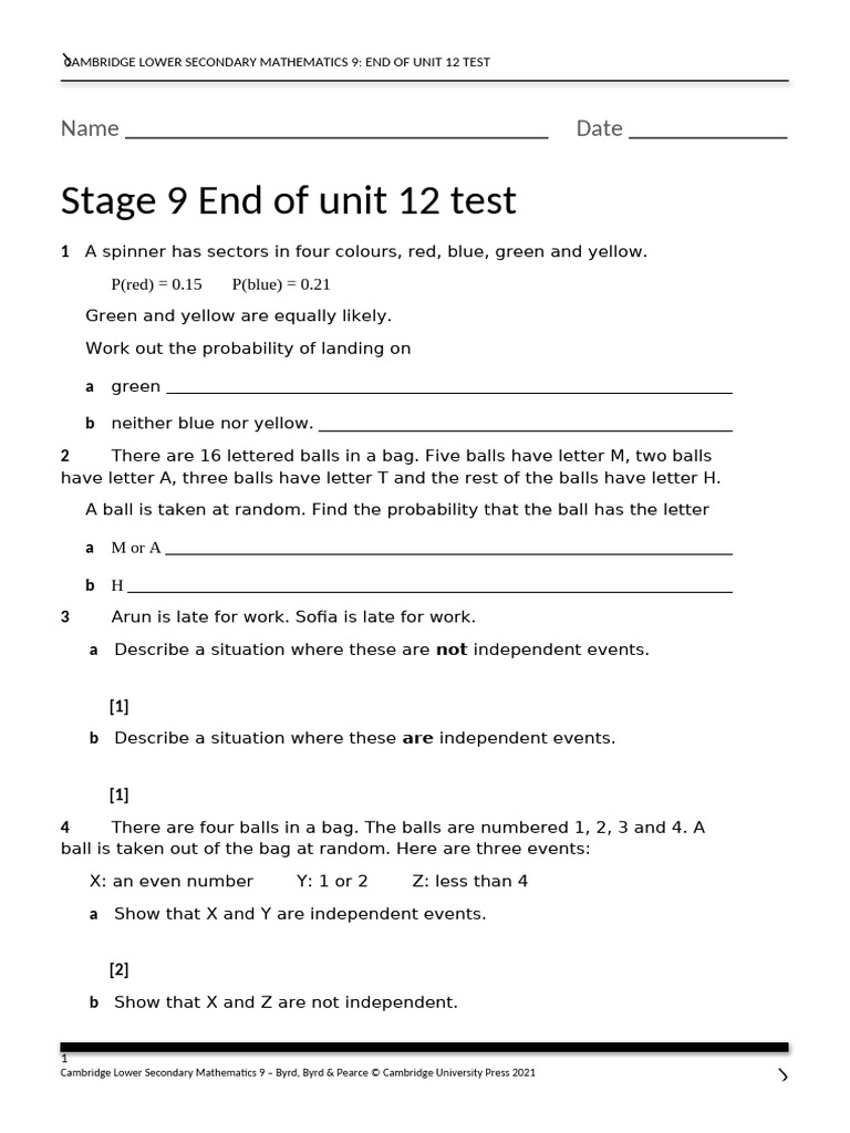 Unit 12 End-Of-Unit Test | PDF | Probability | Probability Theory