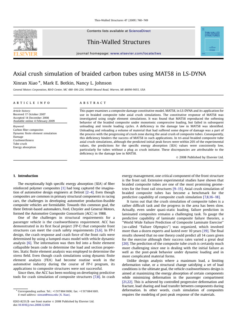 Axial Crush Simulation of Braided Carbon Tubes Using MAT58 in LS-DYNA ...