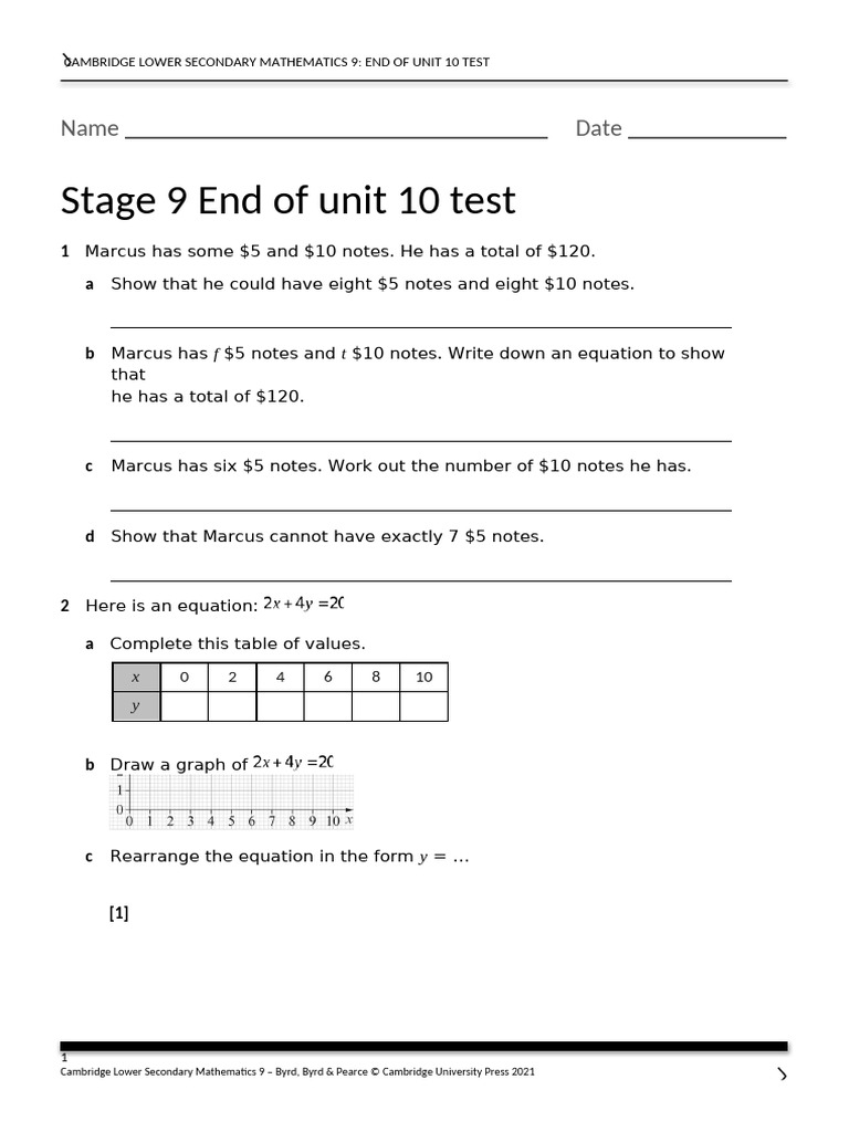 Cambridge Math 9 Unit 10 Test | PDF | Applied Mathematics | Equations