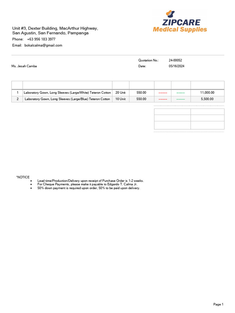 Teteron Cotton Lab Gown Quotation | PDF