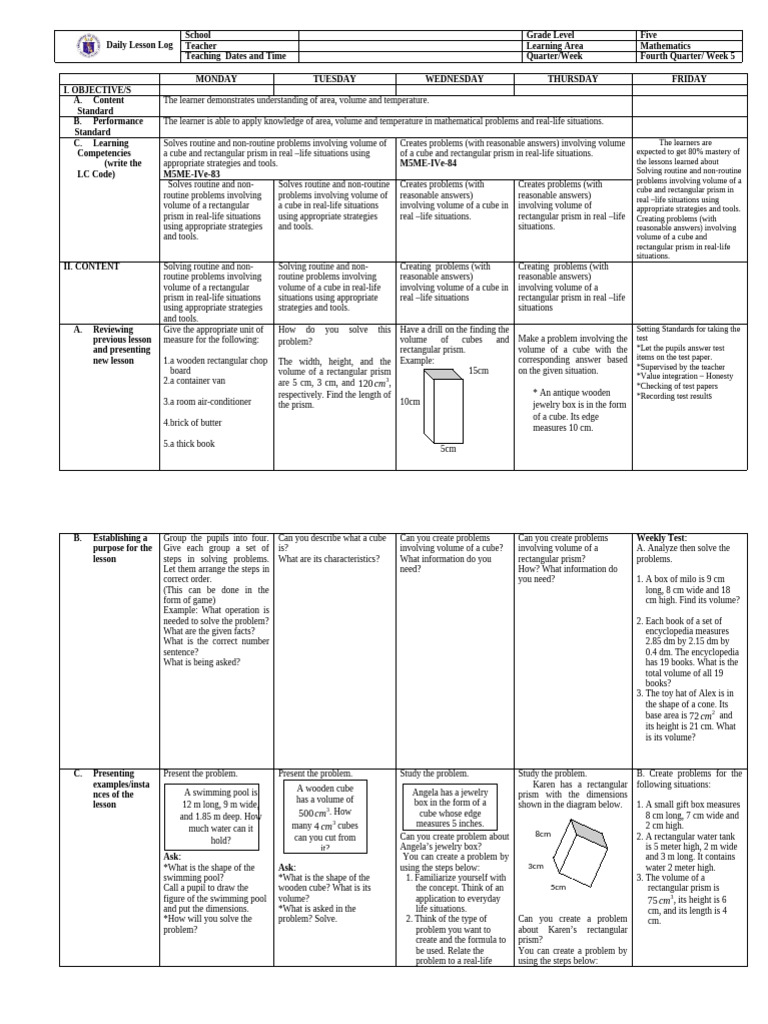 DLL Mathematics Grade5 Quarter4 Week5 (Palawan Division) | PDF | Volume ...