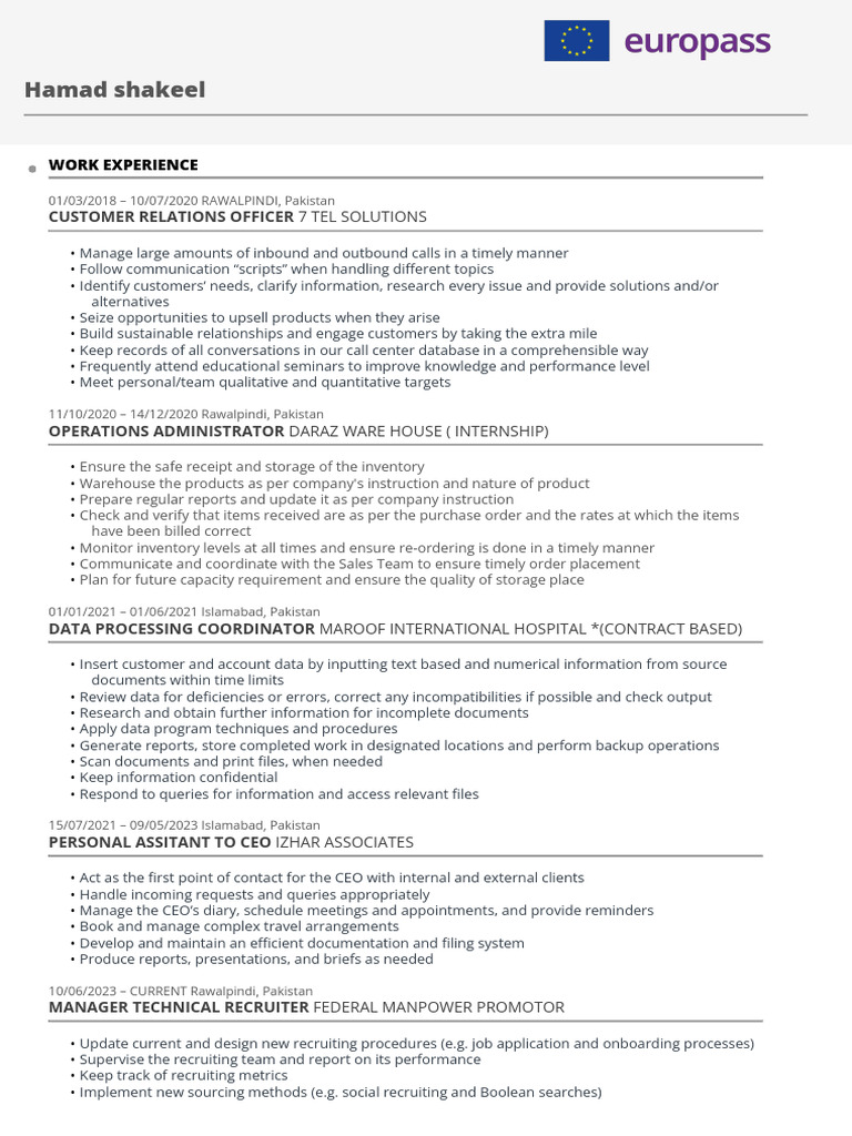Hamad Shakeel CV Europass Updated | PDF | Recruitment | Data