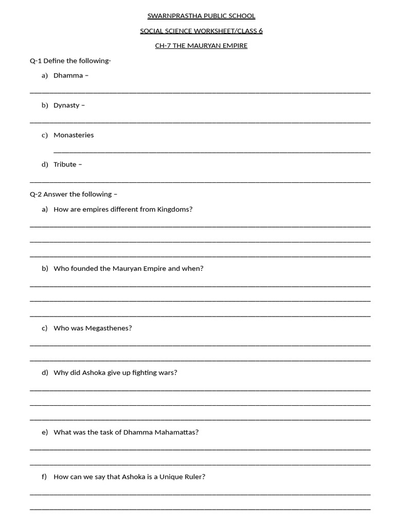 Class 6 Worksheet: The Mauryan Empire | PDF | South Asia | Asia