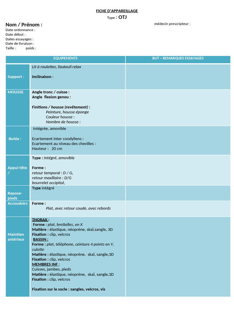 Fiche d'appareillage OTJ détaillée | PDF