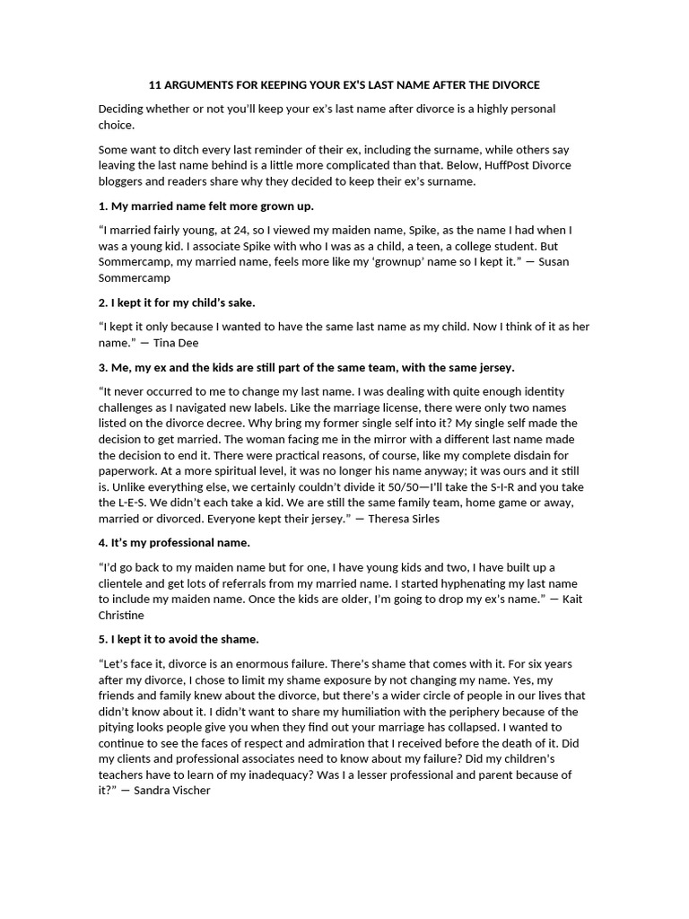 1a- 11 Arguments for Keeping Your Ex's Last Name After the Divorce | PDF | Social Institutions