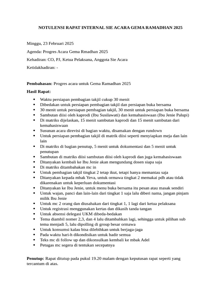 NOTULENSI RAPAT INTERNAL SIE ACARA GEMA RAMADHAN 2025 | PDF