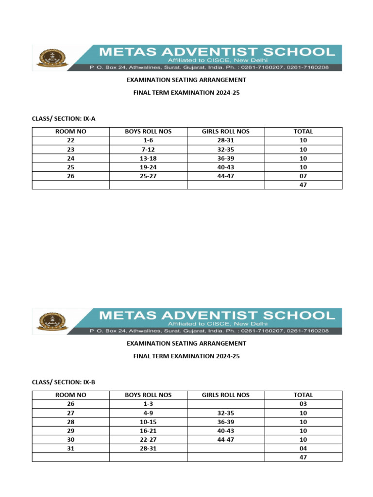 Final Exam Seating Arrangement 2024-25 | PDF
