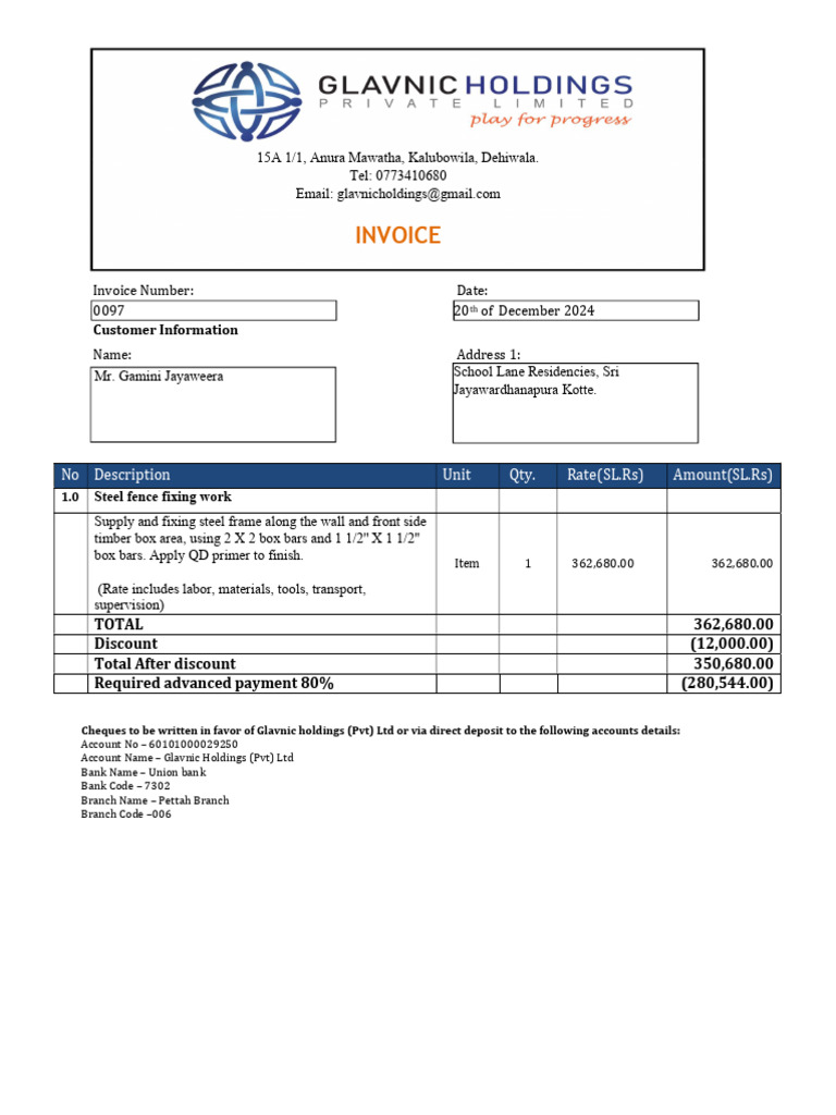 Invoice: Invoice Number: Date: 0097 20 of December 2024 | PDF