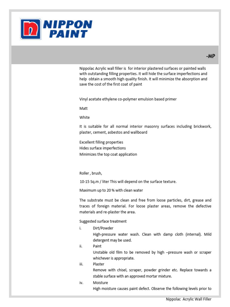 Nippolac Acrylic Wall Filler: Description | PDF | Paint | Plaster
