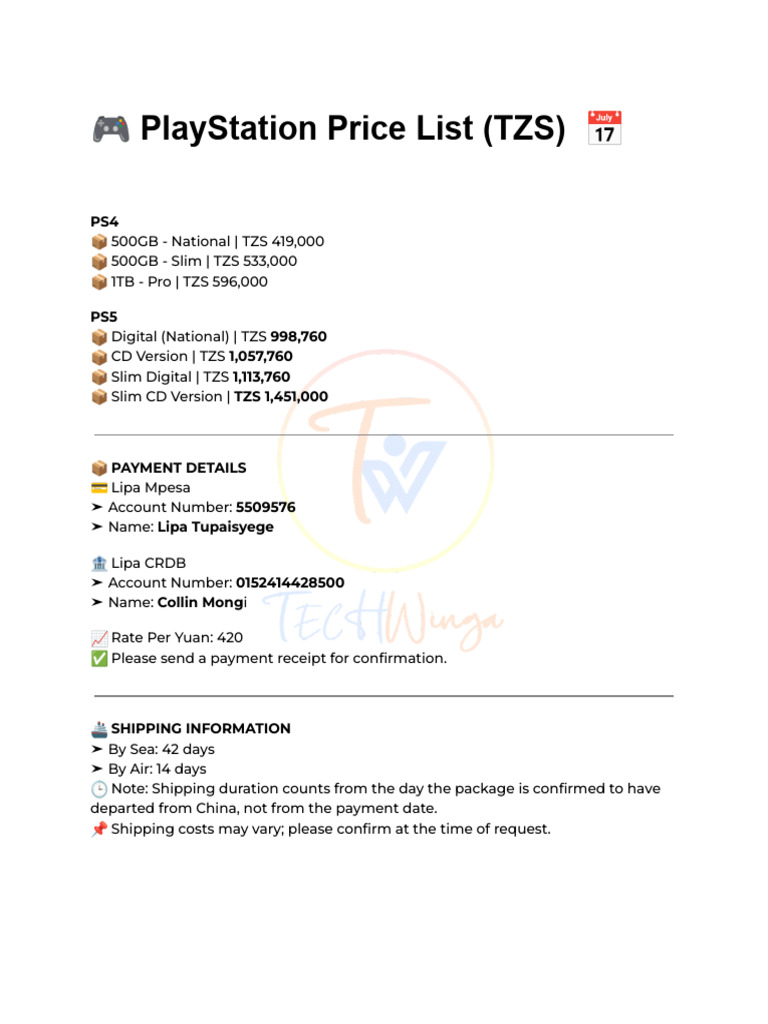 ? PlayStation Price List (TZS) - Updated ? | PDF