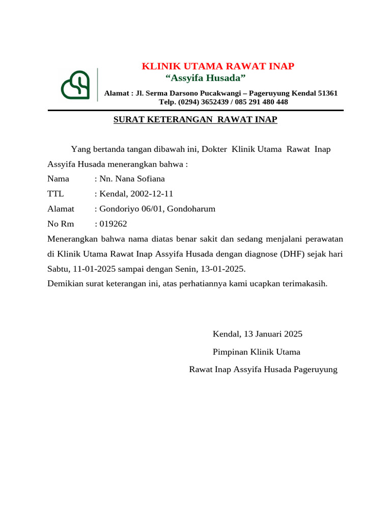 SURAT KETERANGAN PASIEN RAWAT INAP | PDF