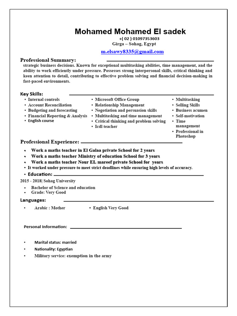 Mohamed Mohamed El Sadek: Professional Summary | PDF