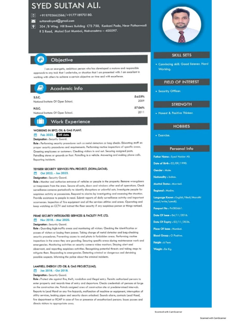 Sultan Ali Security Guard CV | PDF