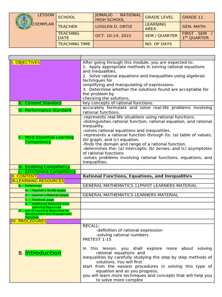 6 - Lesson Exemplar Gen Math | PDF | Equations | Function (Mathematics)