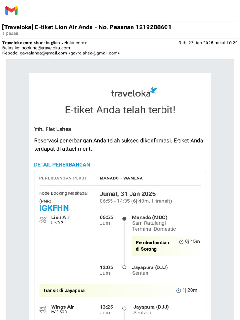 Gmail - [Traveloka] E-tiket Lion Air Anda - No. Pesanan 1219288601 | PDF