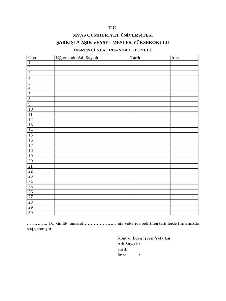 5943 Staj Puantaj Tablosu | PDF