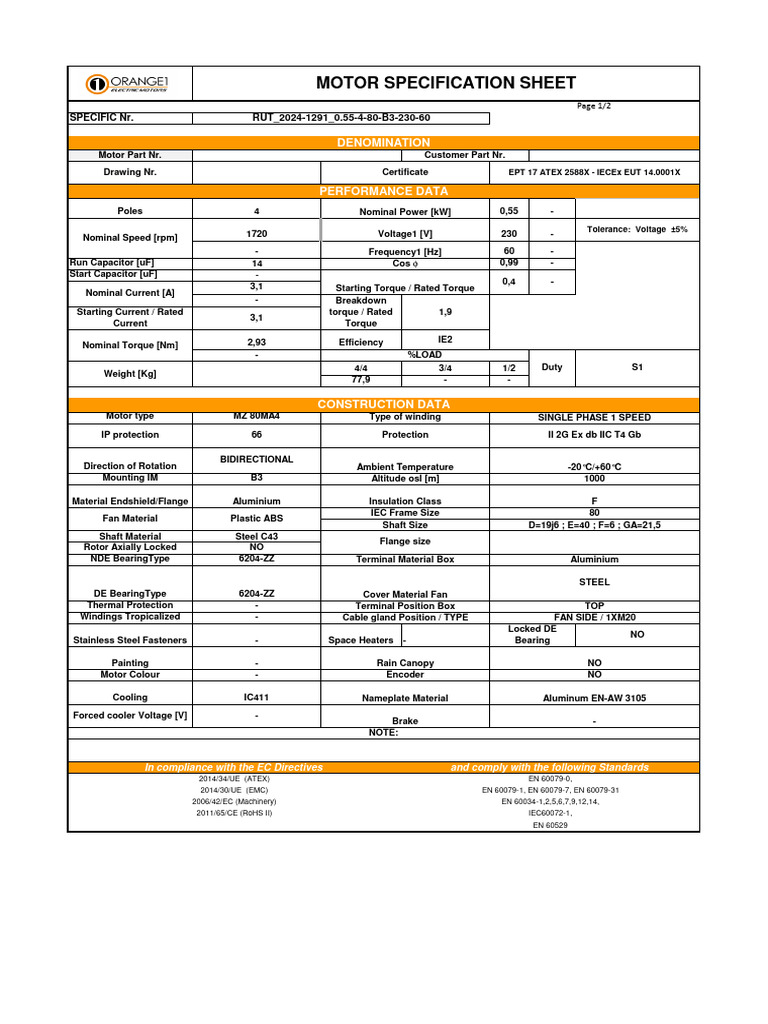 Motor Specification Sheet MZ 80MA4 | PDF | Electric Motor | Electrical ...