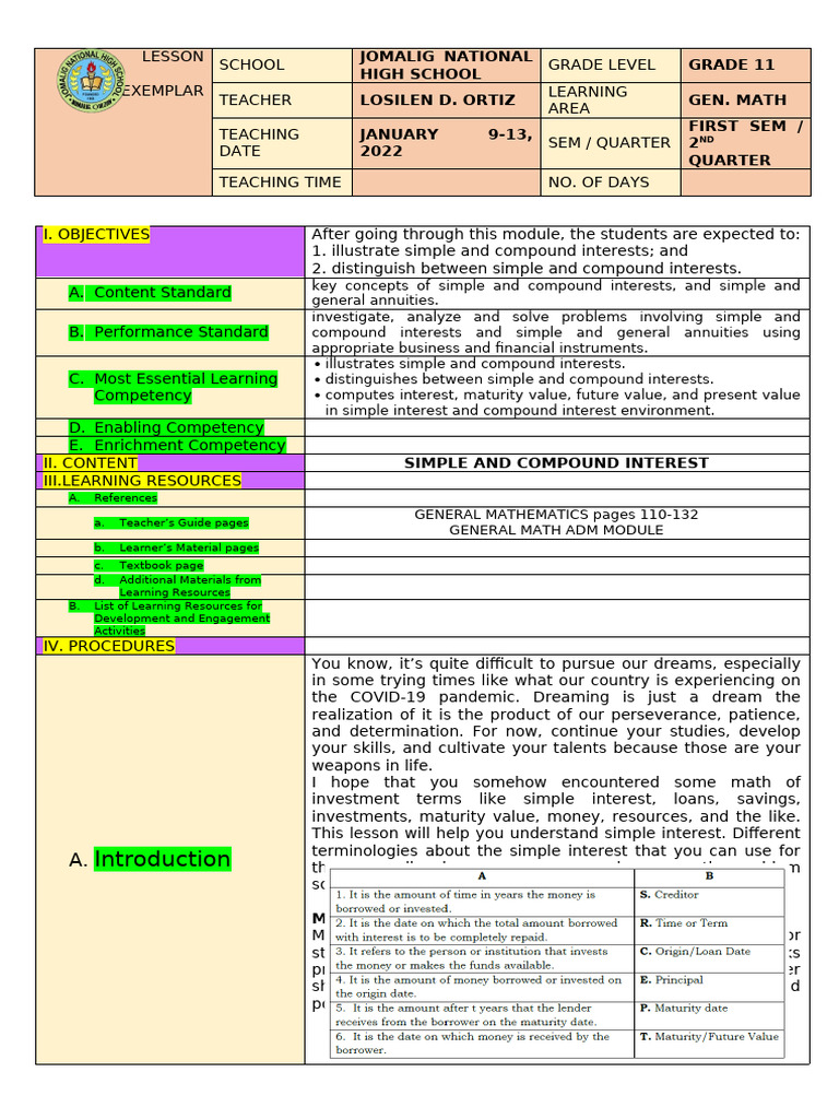 3_LESSON EXEMPLAR GEN MATH | PDF | Interest | Debt