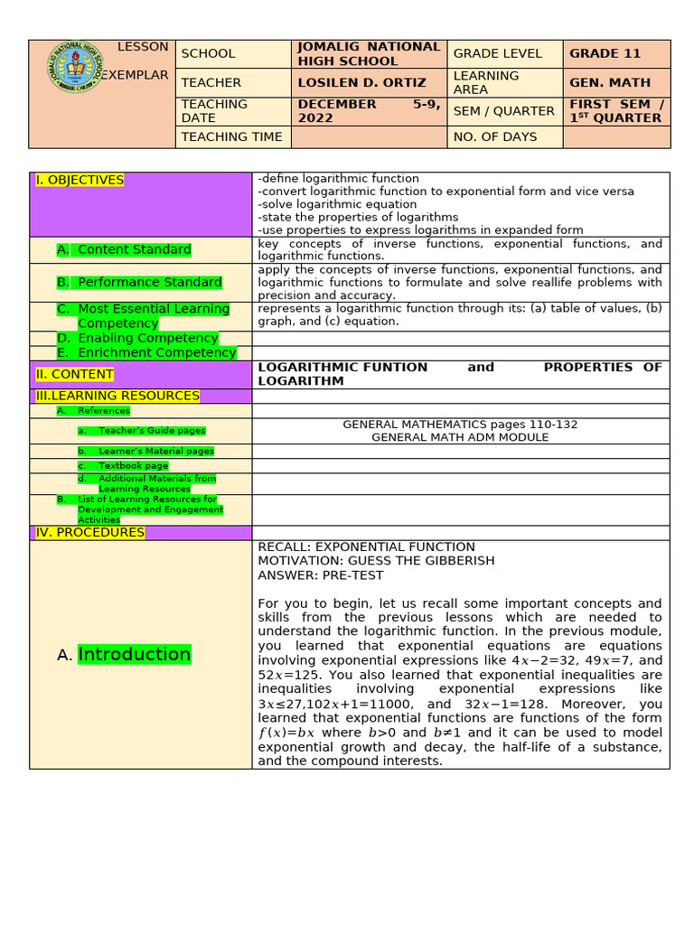 2 - Lesson Exemplar Gen Math | PDF | Exponential Function | Logarithm