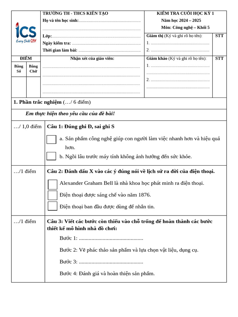 Đề 1-Công nghệ 5 - CKI | PDF