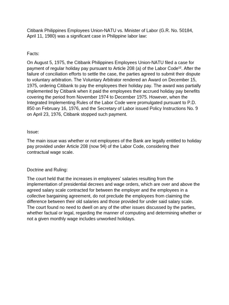 Citibank Holiday Pay Case Summary | PDF