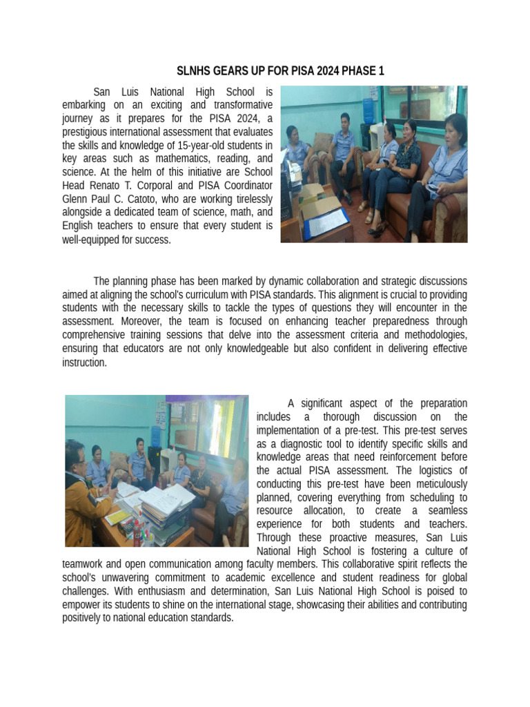 SLNHS Gears Up For Pisa 2024 Phase 1 | PDF | Programme For ...