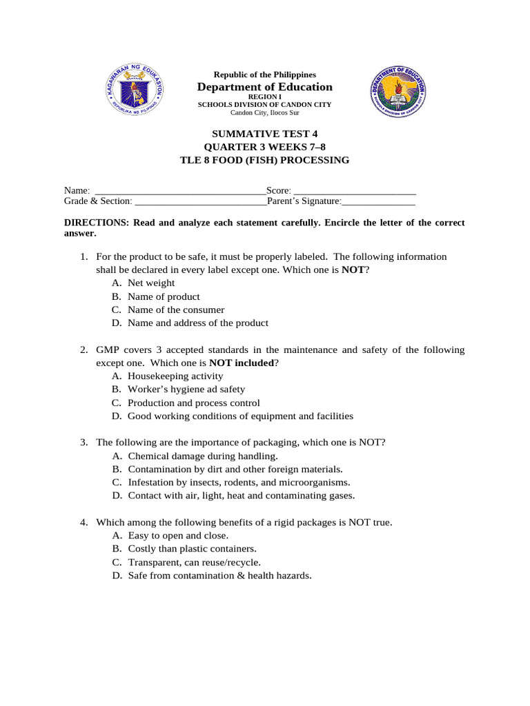 TLE 8 Summative Test: Food Processing | PDF