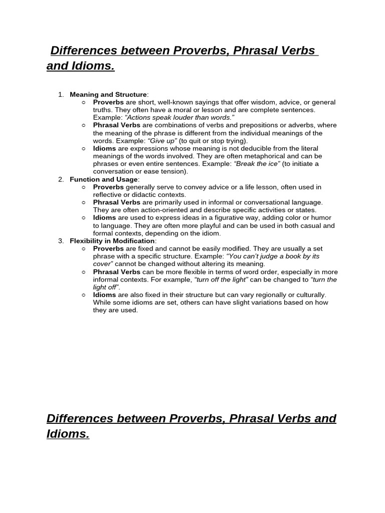 Differences and Similarities Between Proverbs, Phrasal Verbs and Idioms | PDF | Idiom | Semantics