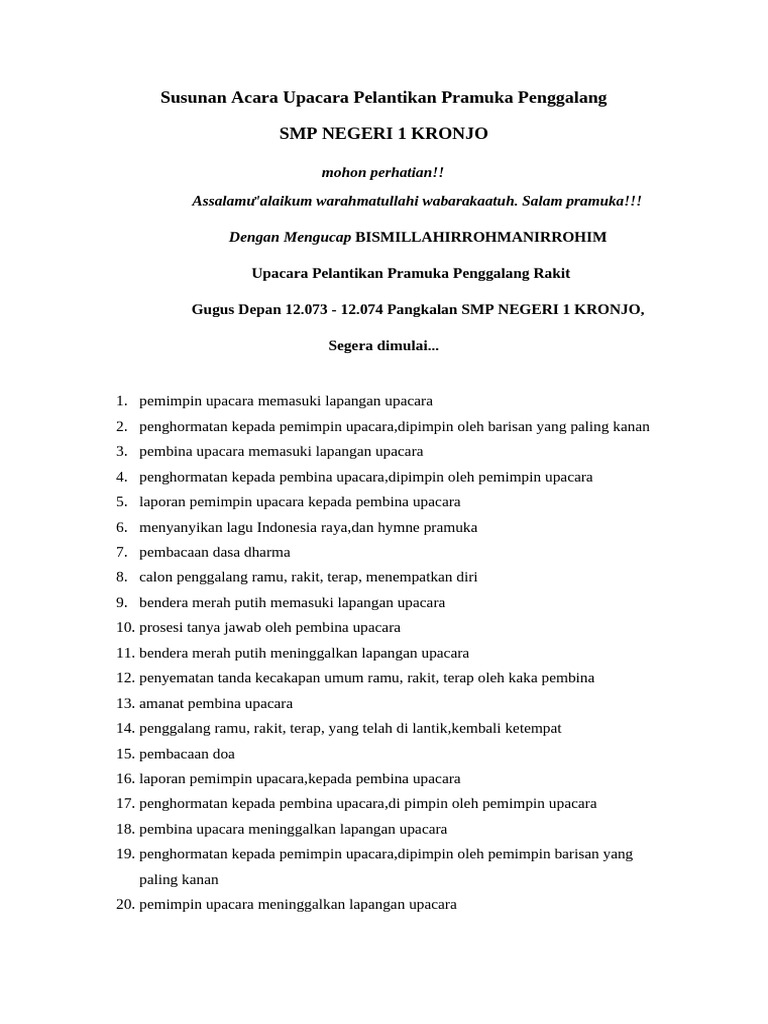 Susunan Acara Upacara Pelantikan Pramuka Penggalang & petunjuk upacara ...