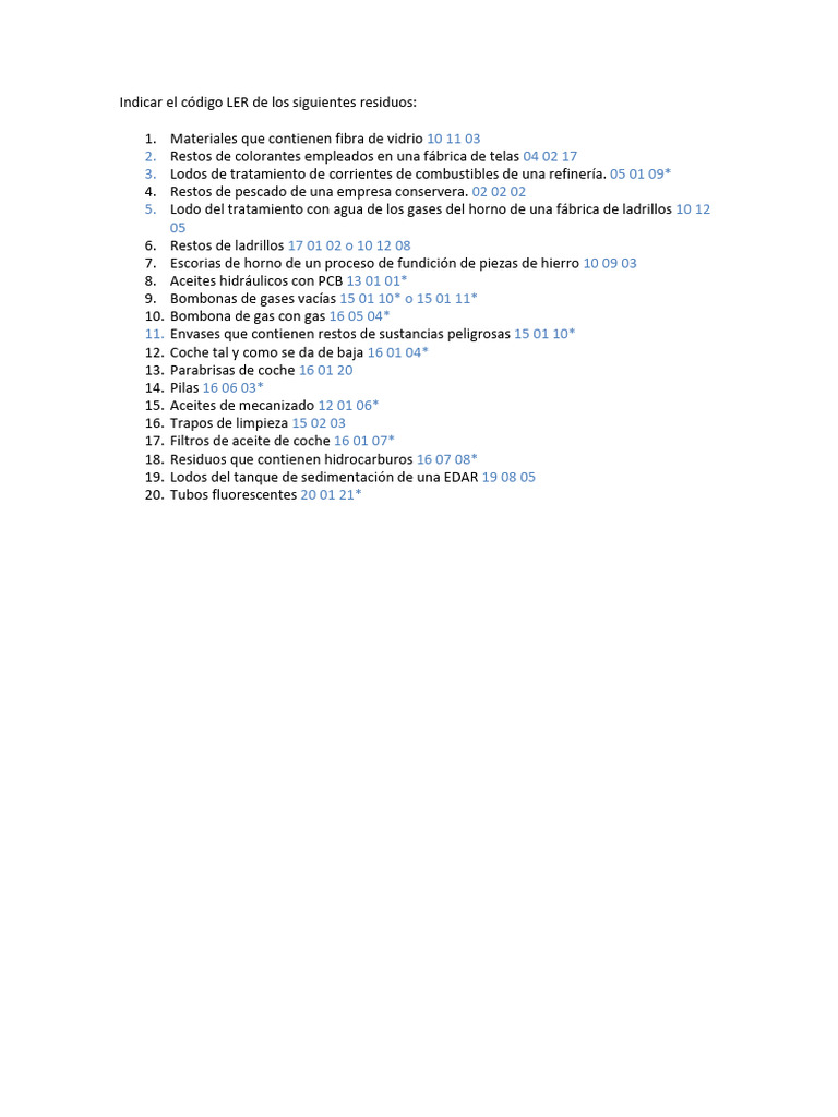 Códigos LER para Residuos Específicos | PDF