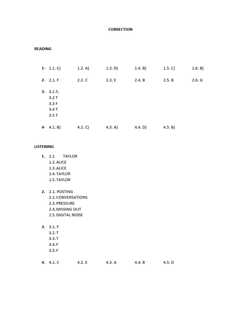 Correction - Listening & Reading Test | PDF