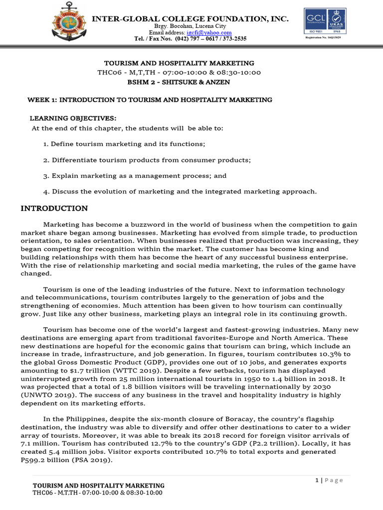 Tourism and Hospitality Marketing Overview | PDF | Marketing ...