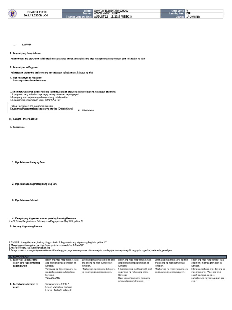 DLL - Edukasyon Sa Pagpapakatao 6 - Q1 - W3 | PDF