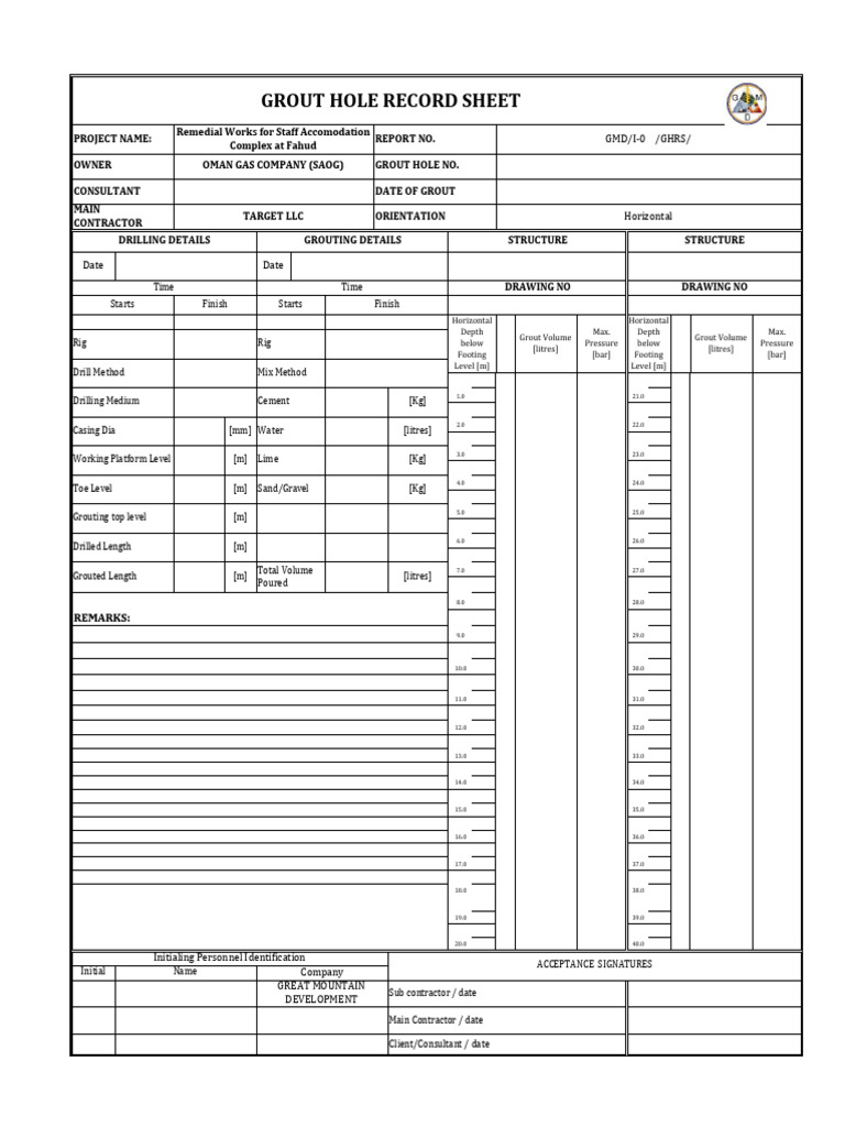Grout Hole Record Sheet | PDF | Oil Well | Building Materials