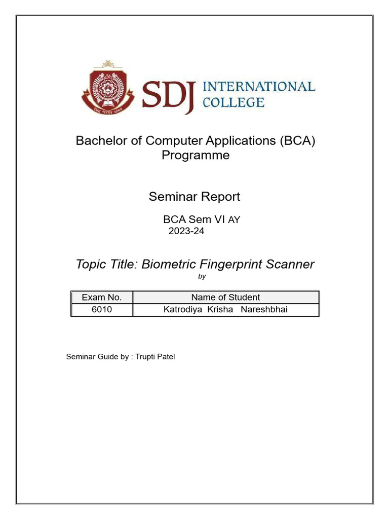 Biometric Fingerprint Scanner Seminar Report | PDF | Biometrics ...