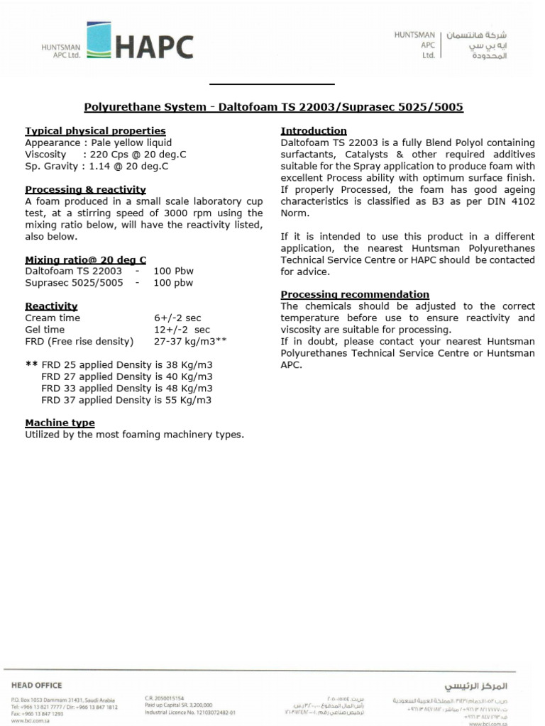 Polyurethane Foam System Specs | PDF | Foam | Density