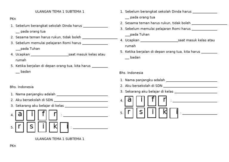 Ulangan Tema 1 Subtema 1 | PDF
