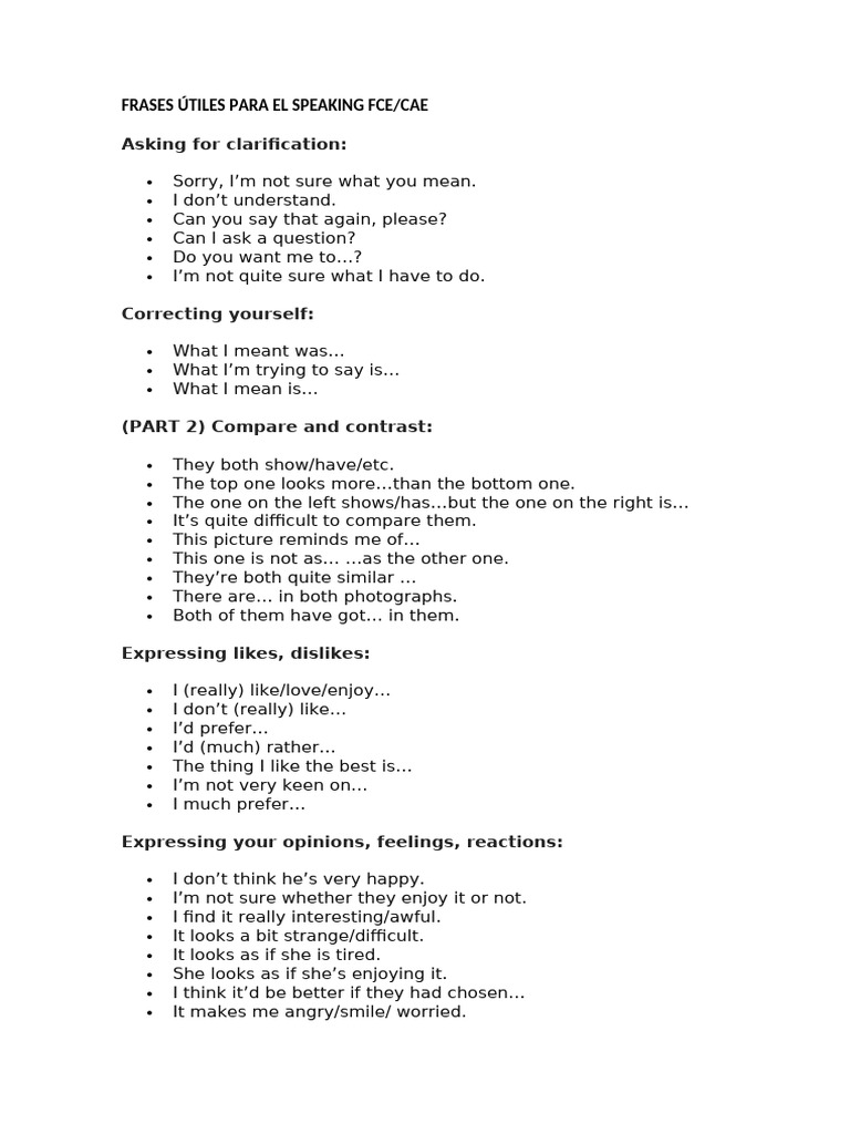 FRASES ÚTILES PARA EL SPEAKING FCE | PDF