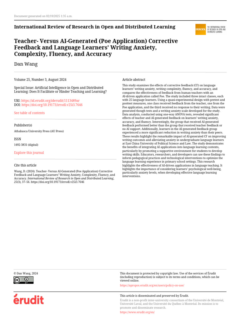Wang-Teacher Vs AI Generated Corrective Feedback and Language Learners' Writing Anxiety ...