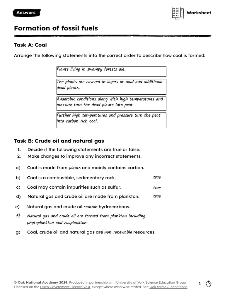 Formation of Fossil Fuels Worksheet | PDF