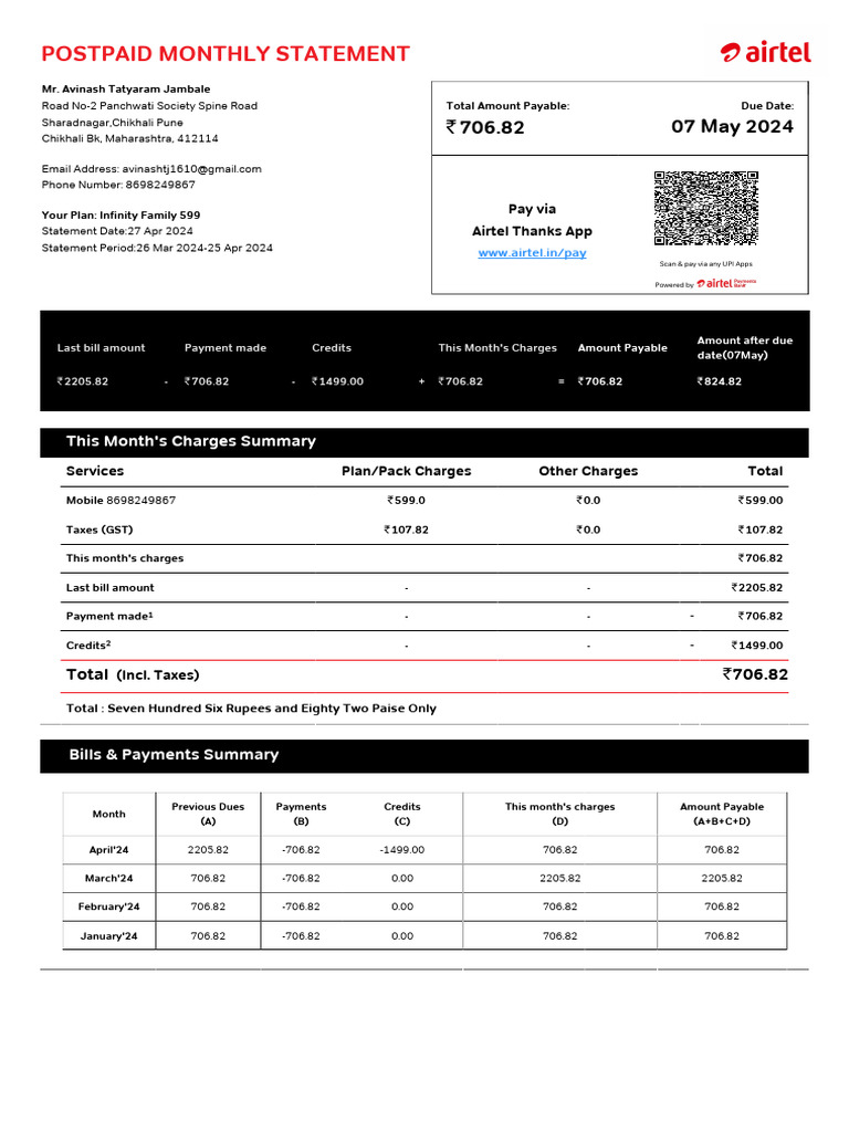 Airtel Postpaid Bill PDF Payments Cheque
