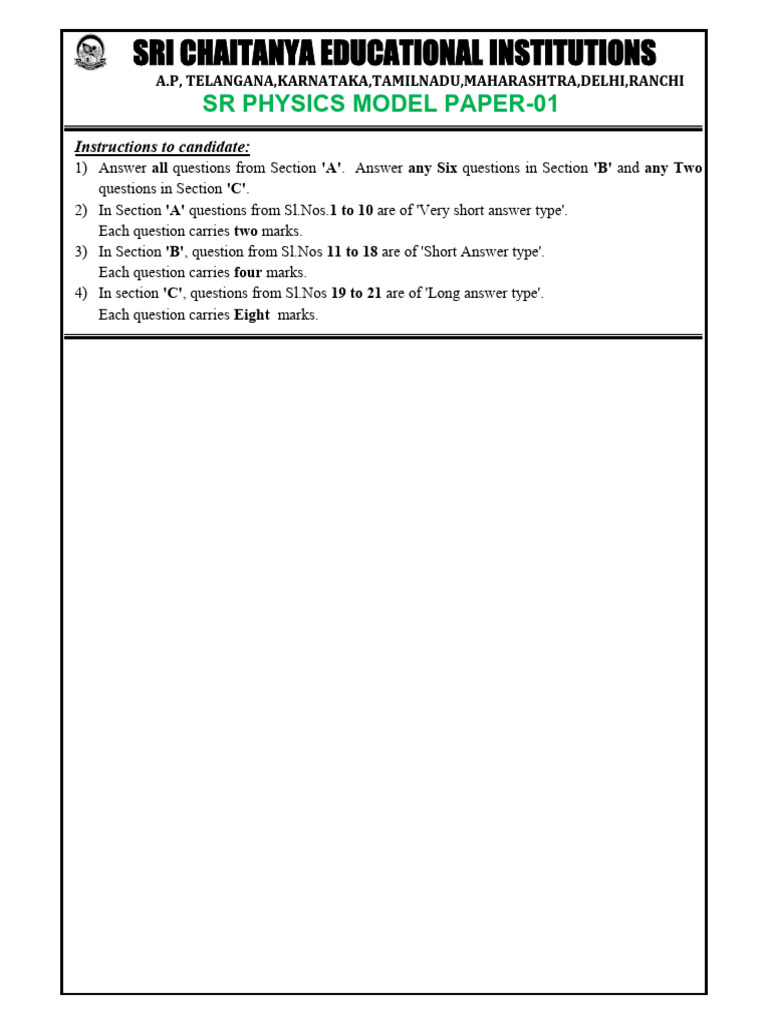 SR PHYSICS 8 MODEL PAPERS | PDF | Capacitor | Magnetic Field