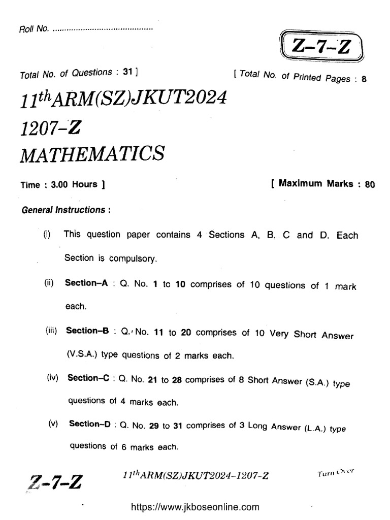 JK Bose Class 11 Mathematics 1207 Z 2024 | PDF