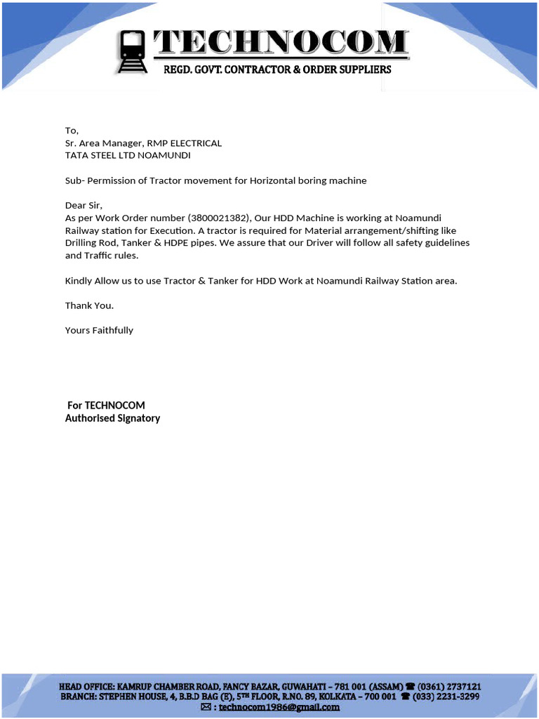 Permission Letter For Tractor Movement | PDF