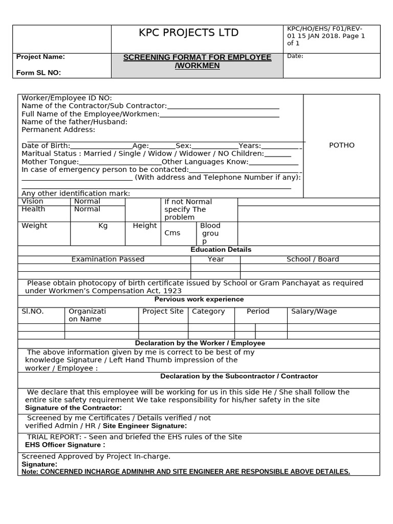 KPC FORMATS & CHECK LISTS (2) | PDF | Occupational Safety And Health ...